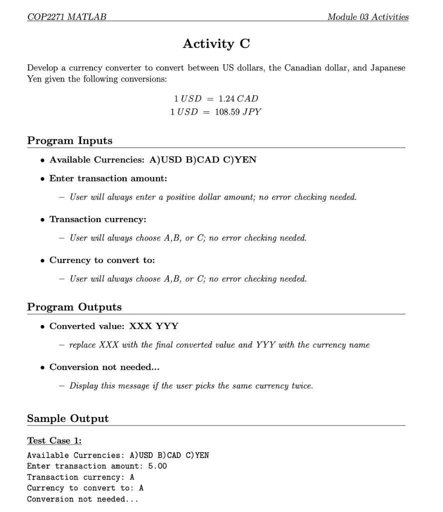 Solved COP2271 MATLAB Module 03 Activities Activity C | Chegg.com