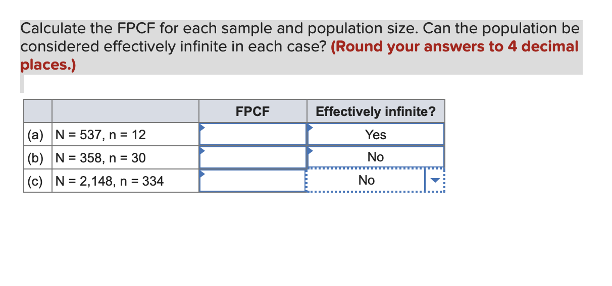 Solved Calculate the FPCF for each sample and population | Chegg.com