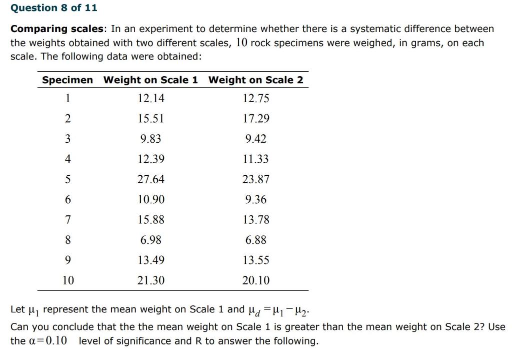 Solved Comparing scales: In an experiment to determine | Chegg.com