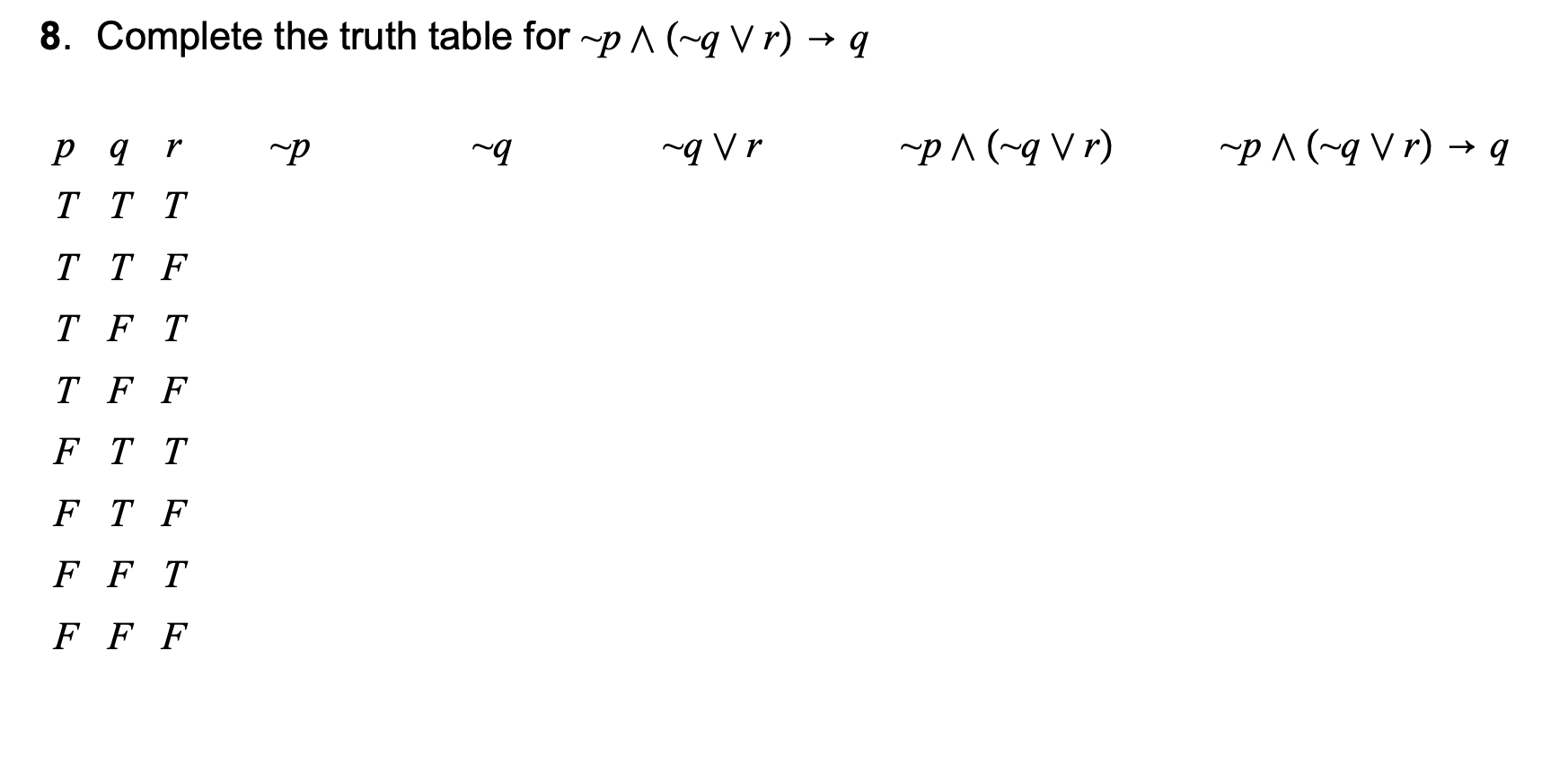Solved 8. Complete the truth table for ∼p∧(∼q∨r)→q | Chegg.com