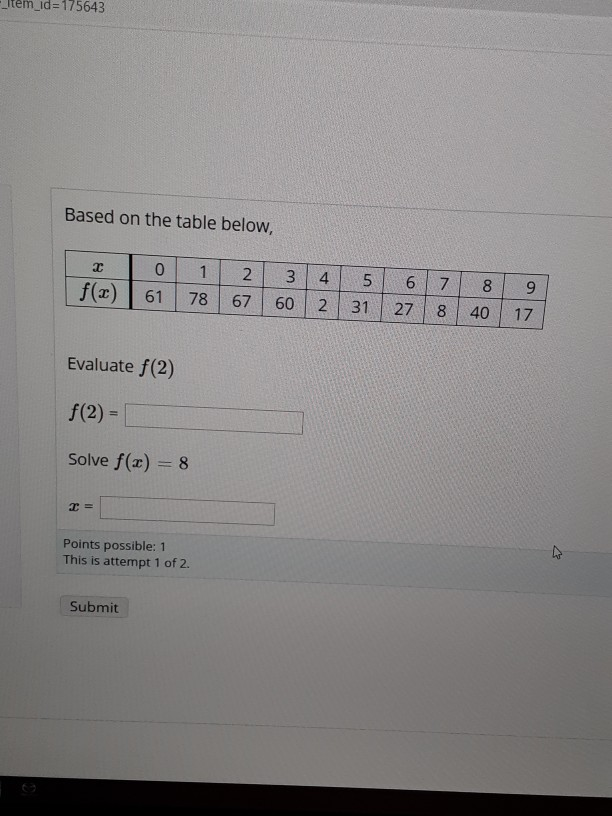 m_id=175643 Based on the table below, x O 1 2 3 4 5 6 | Chegg.com