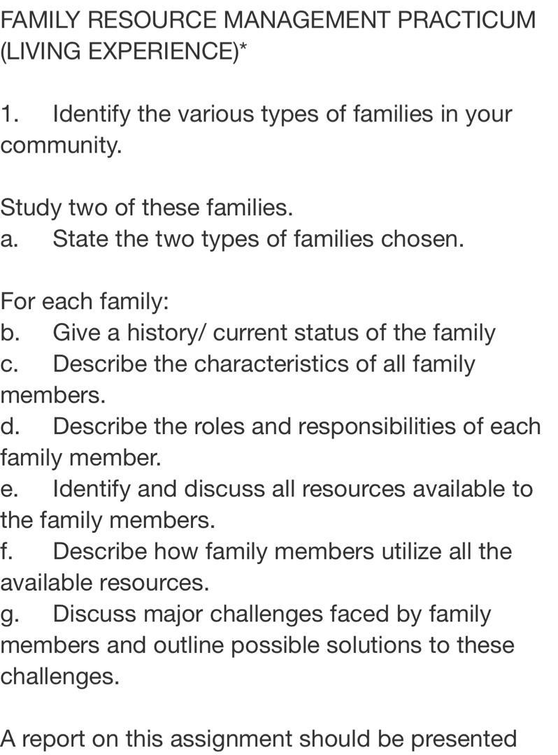 Solved FAMILY RESOURCE MANAGEMENT PRACTICUM (LIVING | Chegg.com