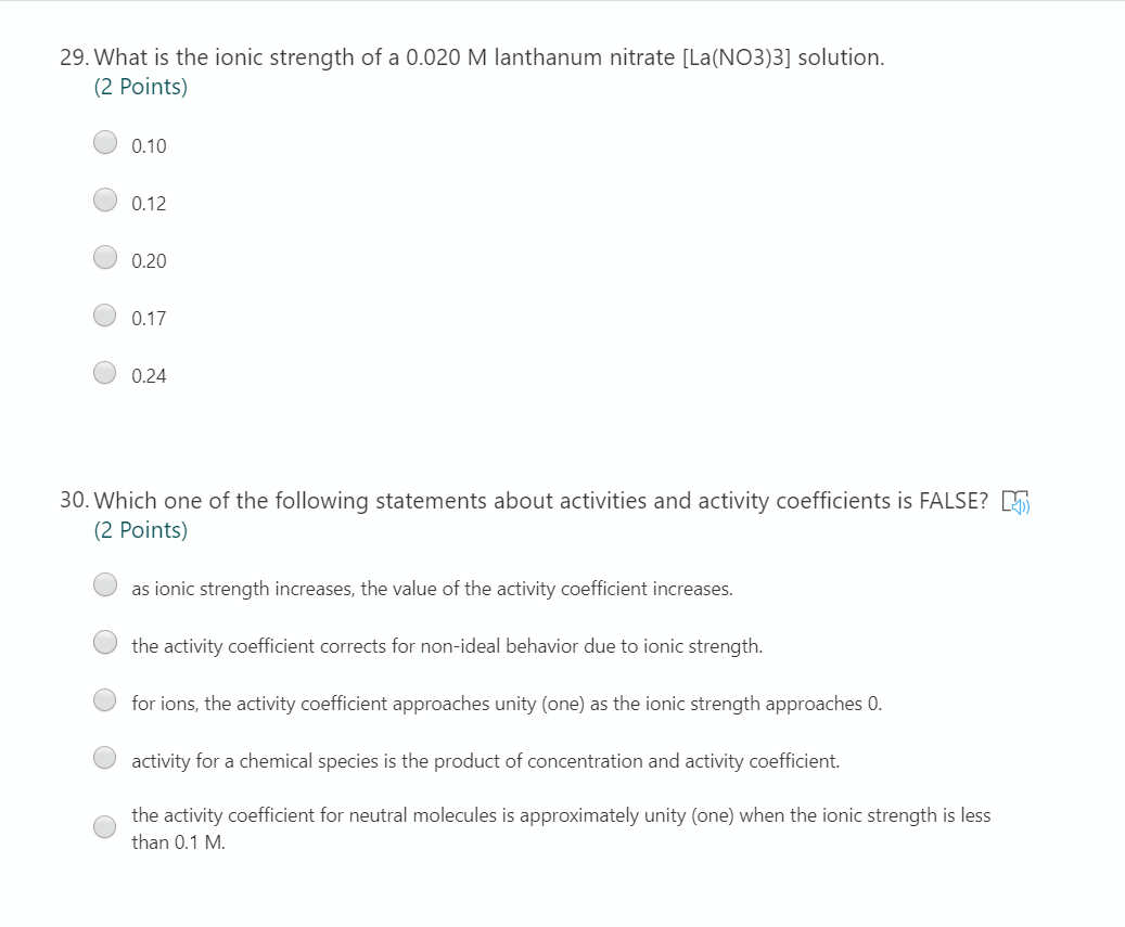Solved 29. What is the ionic strength of a 0.020 M lanthanum | Chegg.com