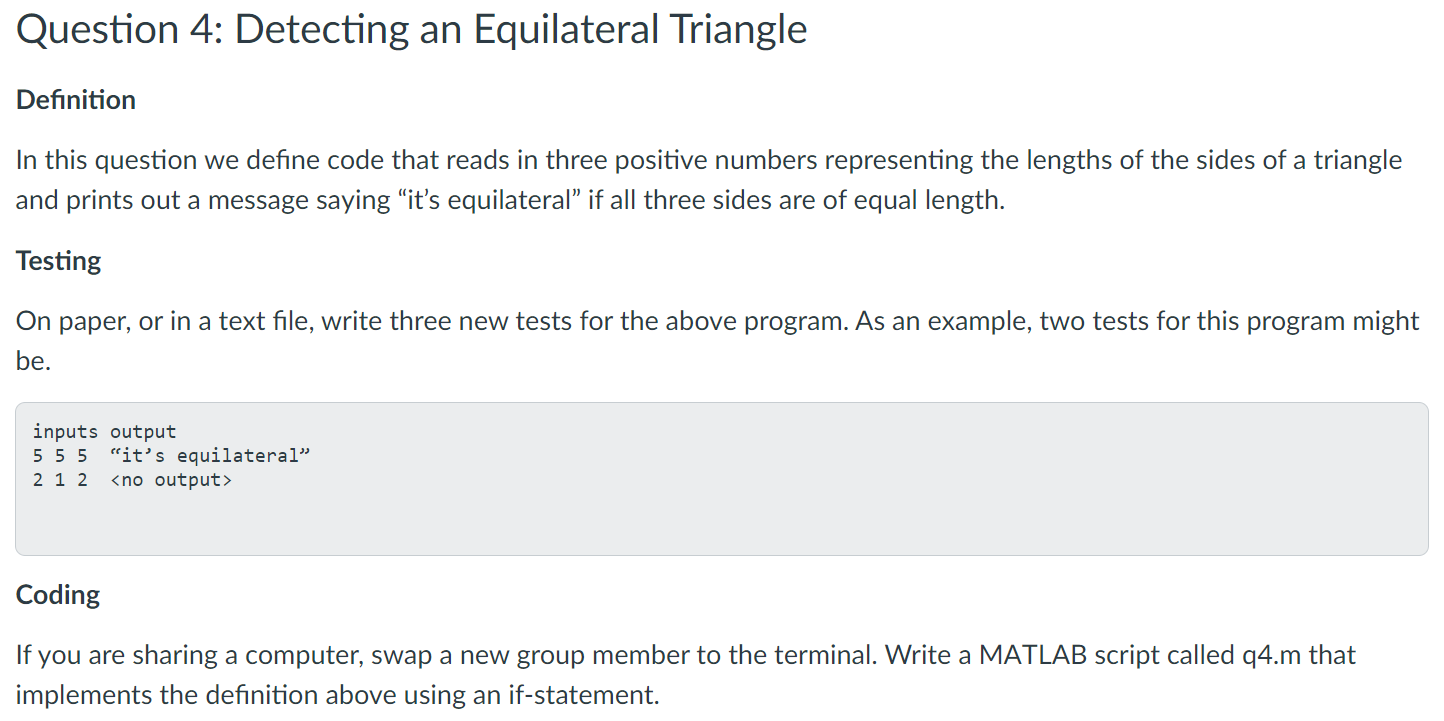 Solved Question 4: Detecting an Equilateral Triangle | Chegg.com