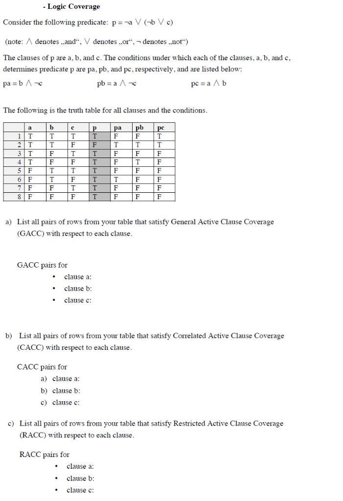 -Logic Coverage Consider the following predicate: | Chegg.com