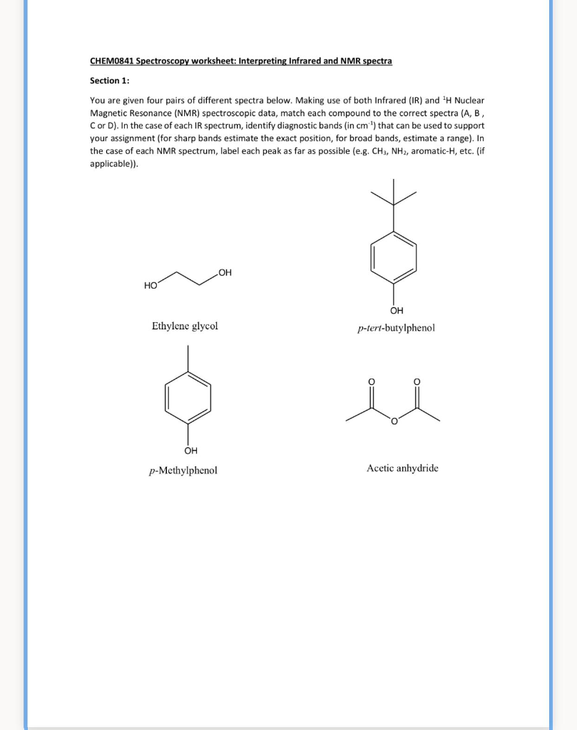 Solved CHEM0841 Spectroscopy worksheet: Interpreting | Chegg.com