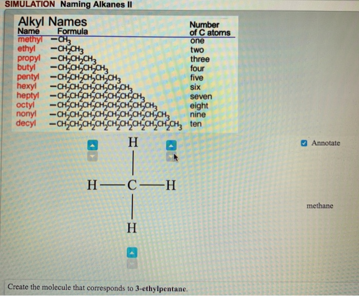 Solved SIMULATION Naming Alkanes II Alkyl Names Name Formula | Chegg.com