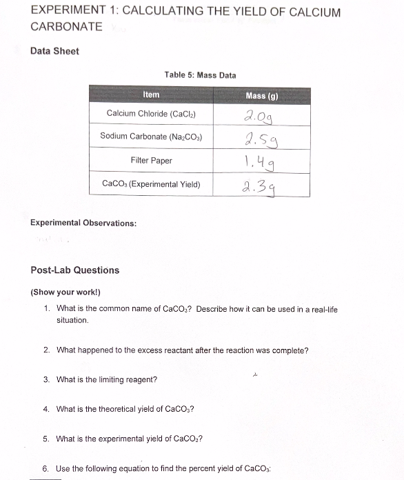 Solved EXPERIMENT 1: CALCULATING THE YIELD OF CALCIUM | Chegg.com