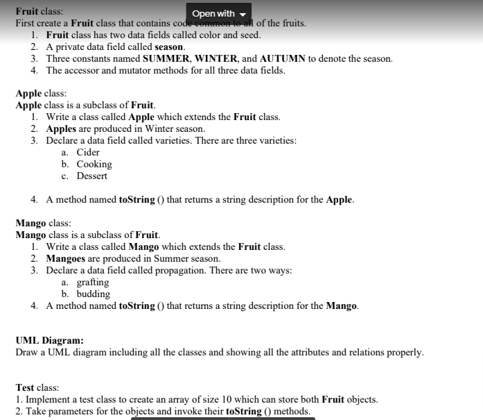 Solved Fruit class: Open with First create a Fruit class | Chegg.com