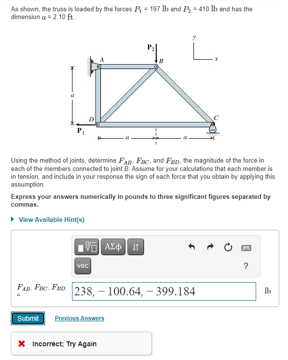 Solved As shown, the truss is loaded by the forces P1=197lb | Chegg.com