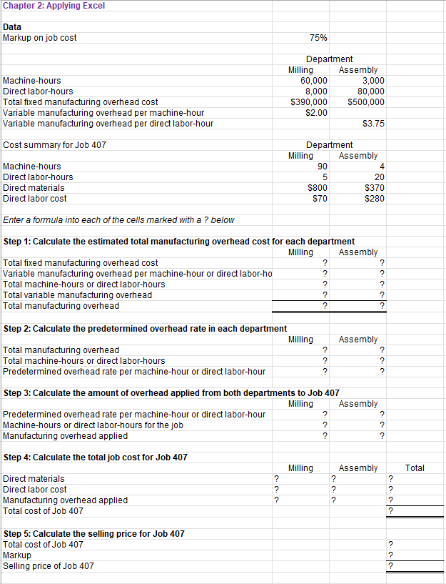 Solved Chapter 2: Applying Excel Data Markup on job cost | Chegg.com
