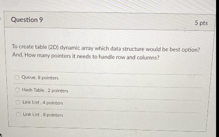 Solved Question 9 5 Pts To Create Table 2d Dynamic Array 