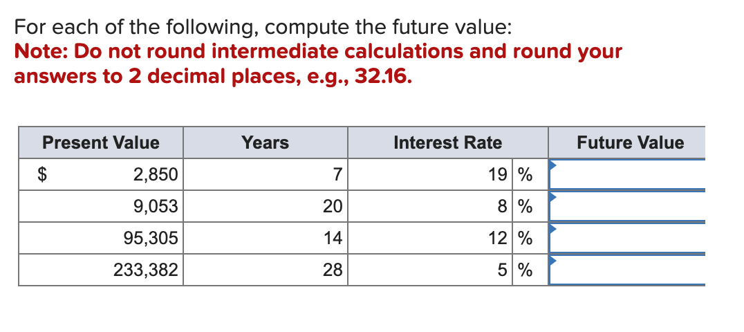 Solved For each of the following, compute the future value: | Chegg.com