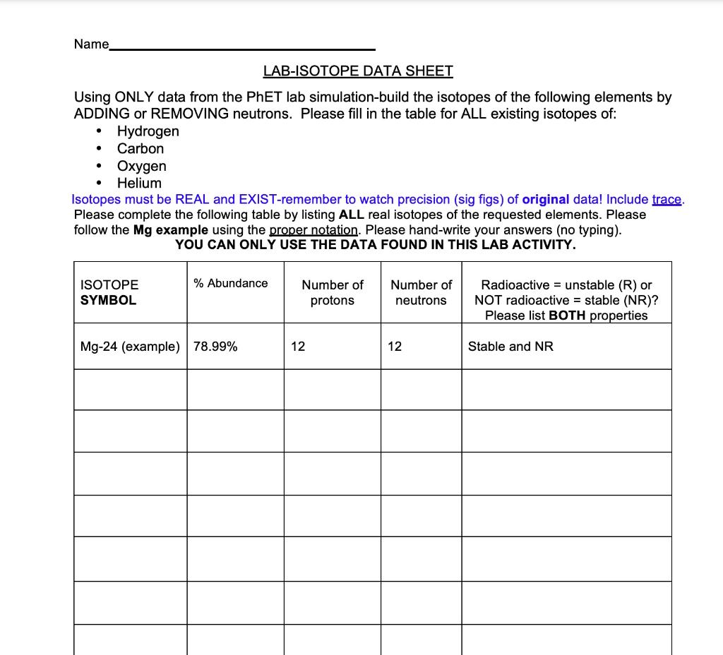 Solved Name LAB-ISOTOPE DATA SHEET . Using ONLY data from | Chegg.com