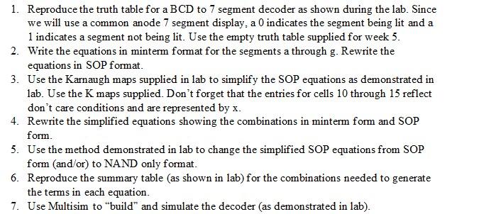 1. Reproduce the truth table for a BCD to 7 segment | Chegg.com