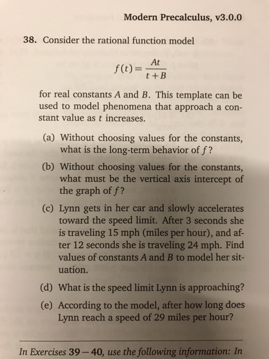 Solved 37. Consider the rational function model f(t) =-A t + | Chegg.com