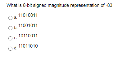Solved What is 8-bit signed magnitude representation of -83 | Chegg.com