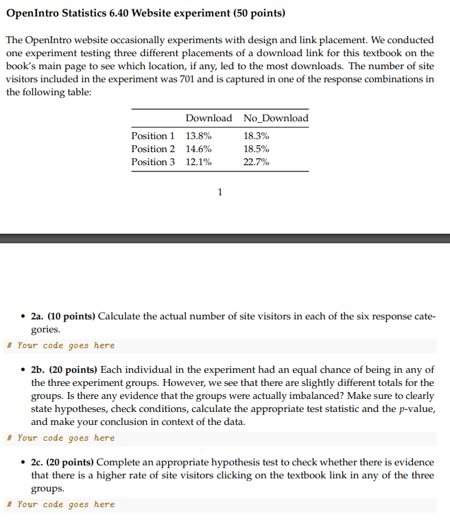 Solved Open Intro Statistics 6.40 Website experiment (50 | Chegg.com