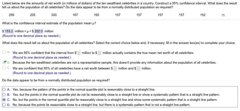 Solved Listed below are the amounts of net worth (in | Chegg.com