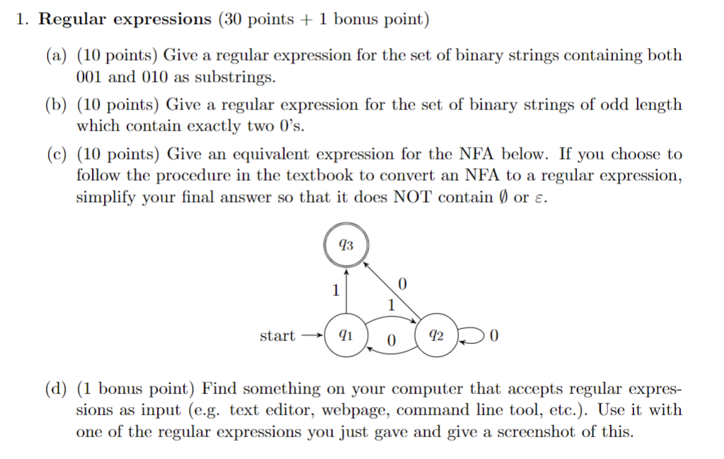 Solved 1. Regular expressions ( 30 points +1 bonus point) | Chegg.com