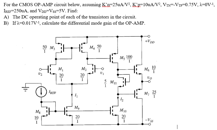 Solved For the CMOS OP-AMP circuit below, assuming | Chegg.com