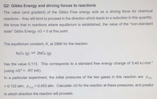 Solved Q2: Gibbs Energy and driving forces to reactions The | Chegg.com