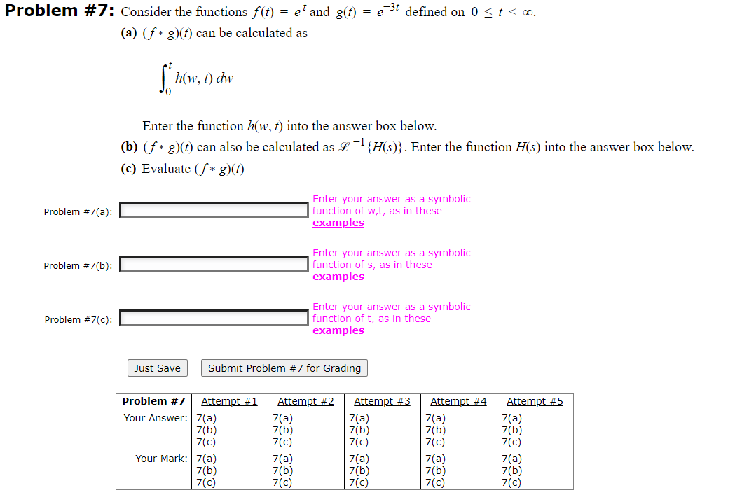 Solved Problem #7: Consider the functions f(t) = e' and g(t) | Chegg.com
