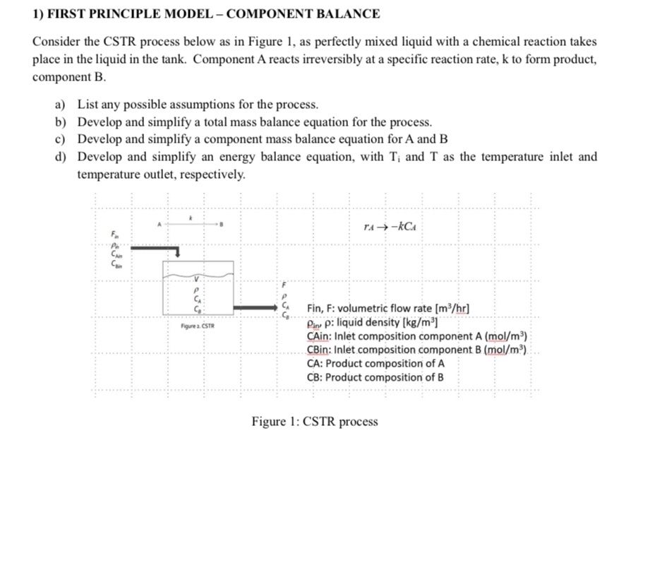 Solved 1) ﻿FIRST PRINCIPLE MODEL - ﻿COMPONENT BALANCE | Chegg.com