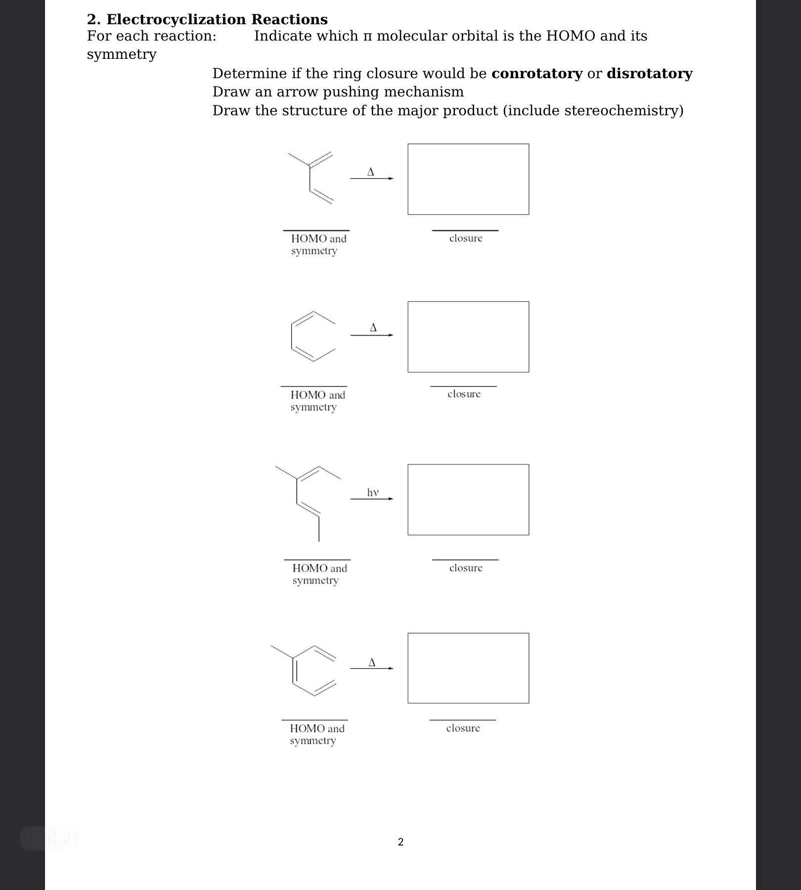 Solved 2. Electrocyclization Reactions For each reaction: | Chegg.com