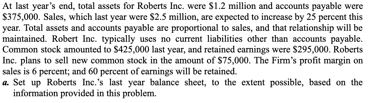 Solved At last year's end, total assets for Roberts Inc. | Chegg.com
