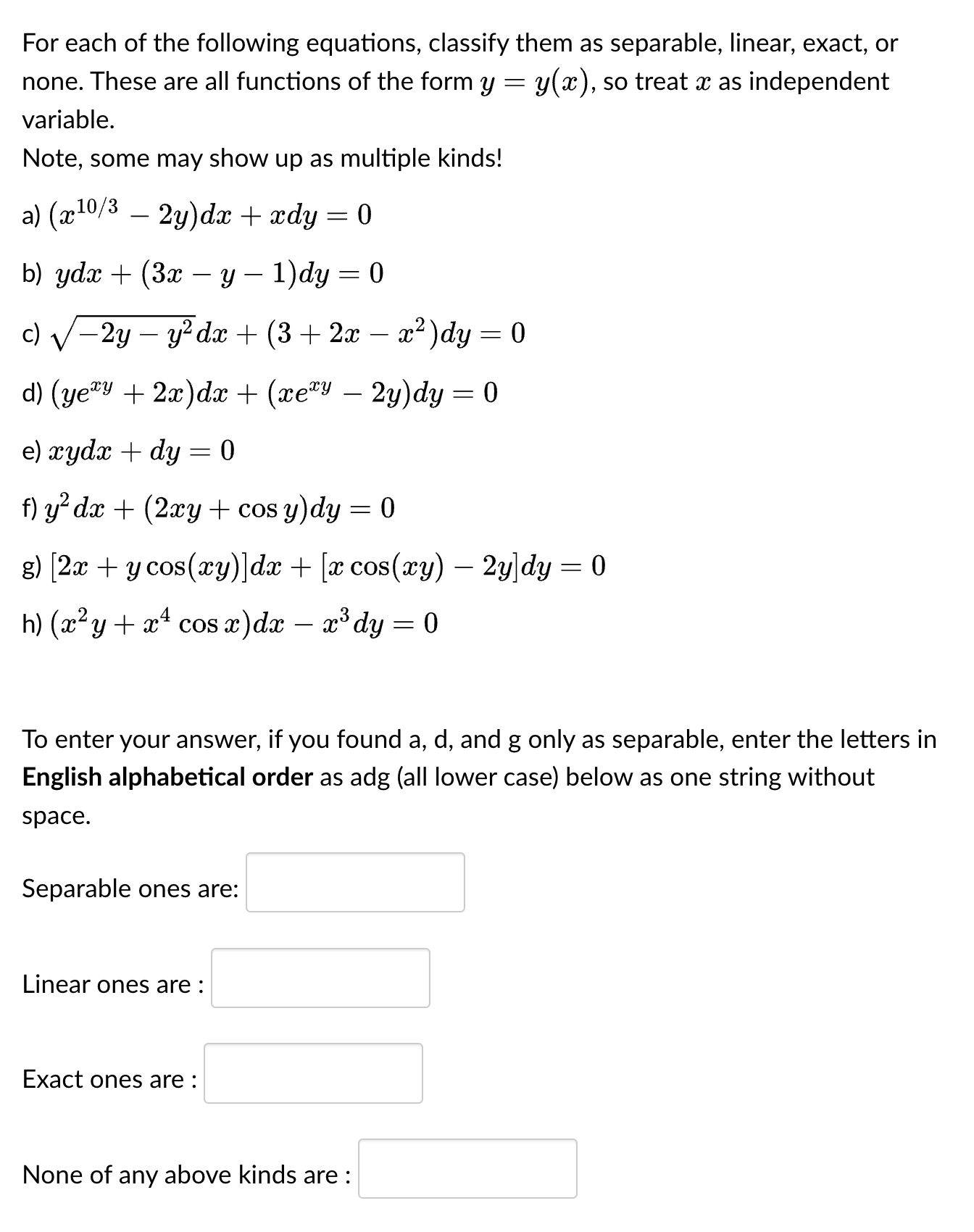 Solved For each of the following equations, classify them as | Chegg.com