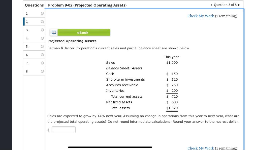 Solved Questions Problem 9-02 (Projected Operating Assets) + | Chegg.com