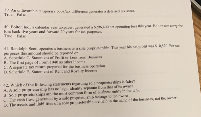 Solved 39. An unfavorable temporary book/tax difference | Chegg.com