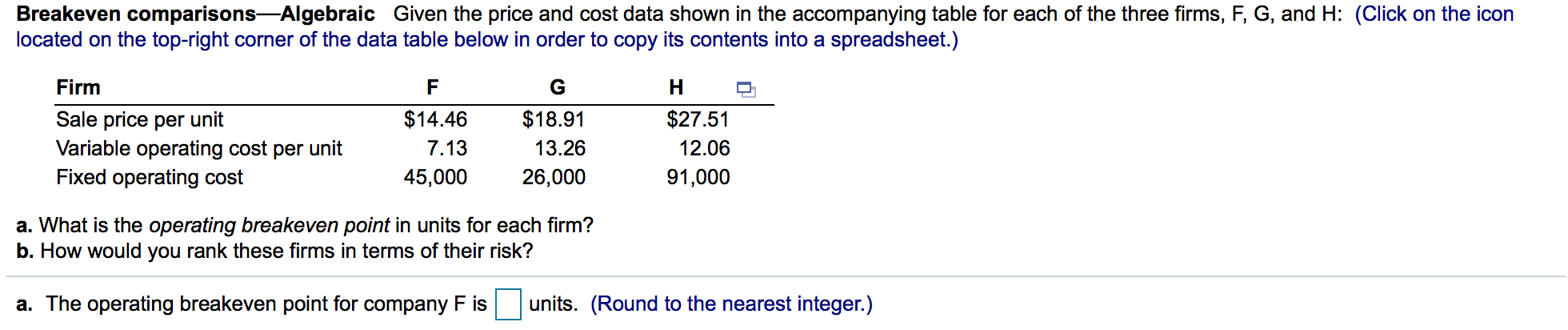 Solved Breakeven comparisons-Algebraic Given the price and | Chegg.com