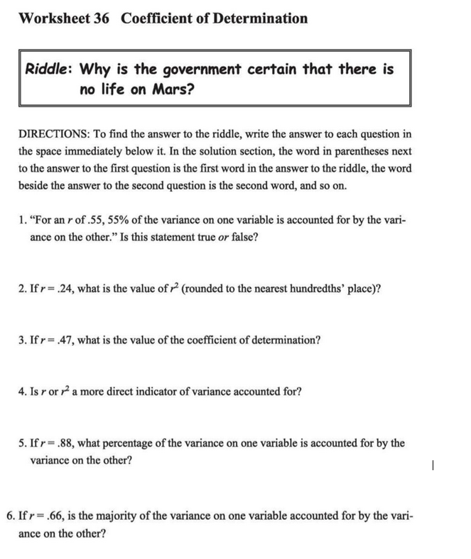 Solved Worksheet 36 Coefficient of Determination Riddle: Why | Chegg.com