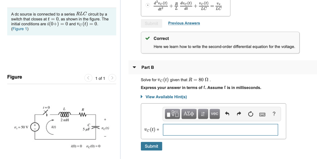 dt 2 I dt TC A dc source is connected to a series RLC | Chegg.com