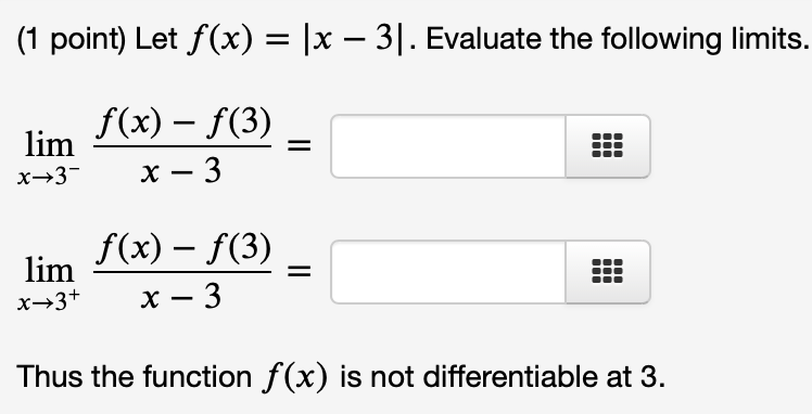 Solved (1 point) Let f(x) = (x – 3). Evaluate the following | Chegg.com
