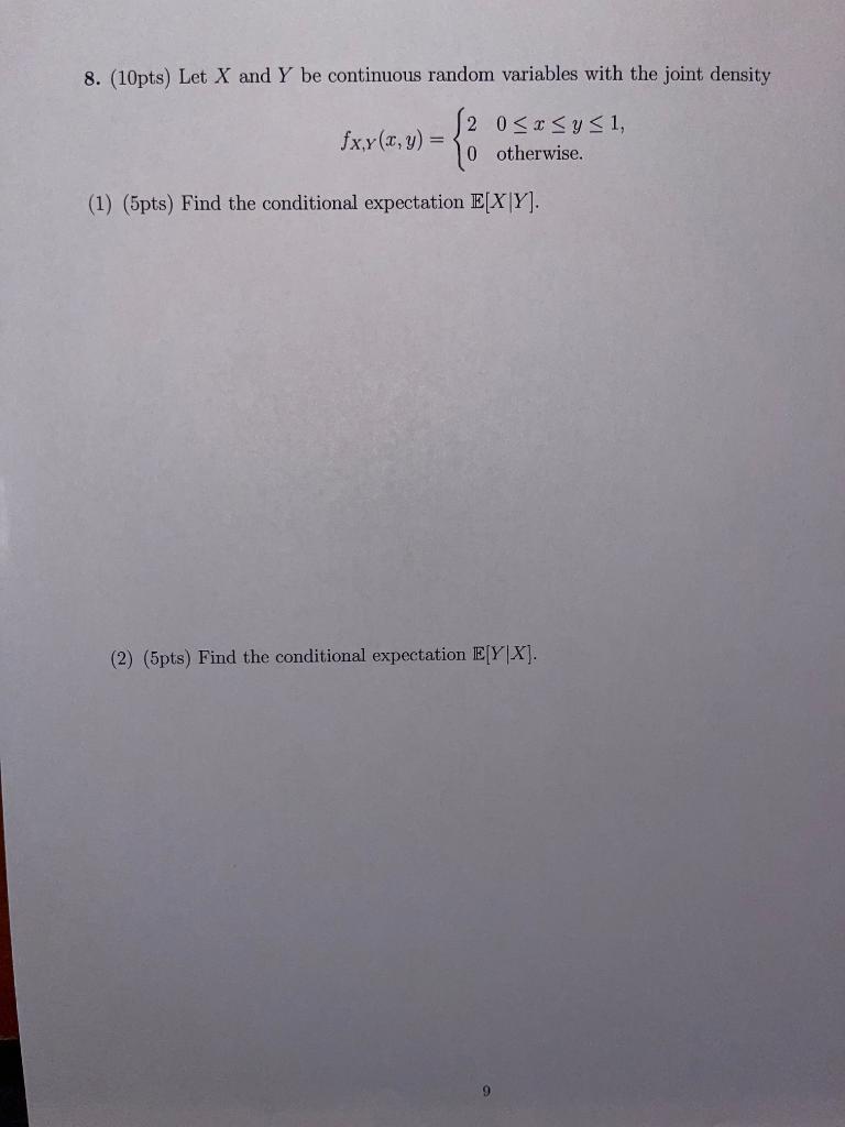 Solved 8. (10pts) Let X and Y be continuous random variables | Chegg.com