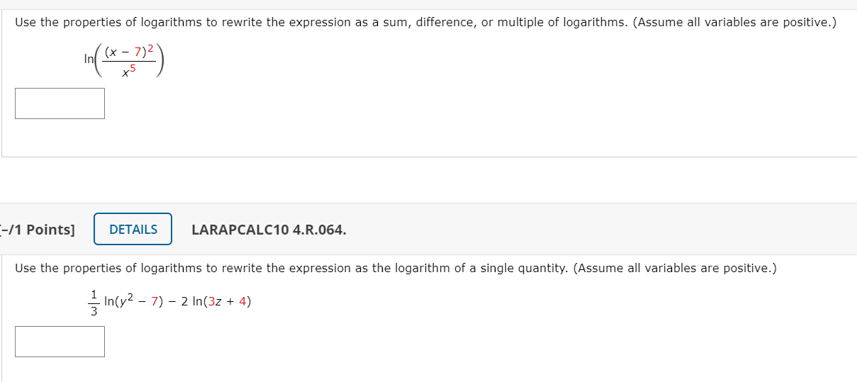 Solved Use the properties of logarithms to rewrite the | Chegg.com