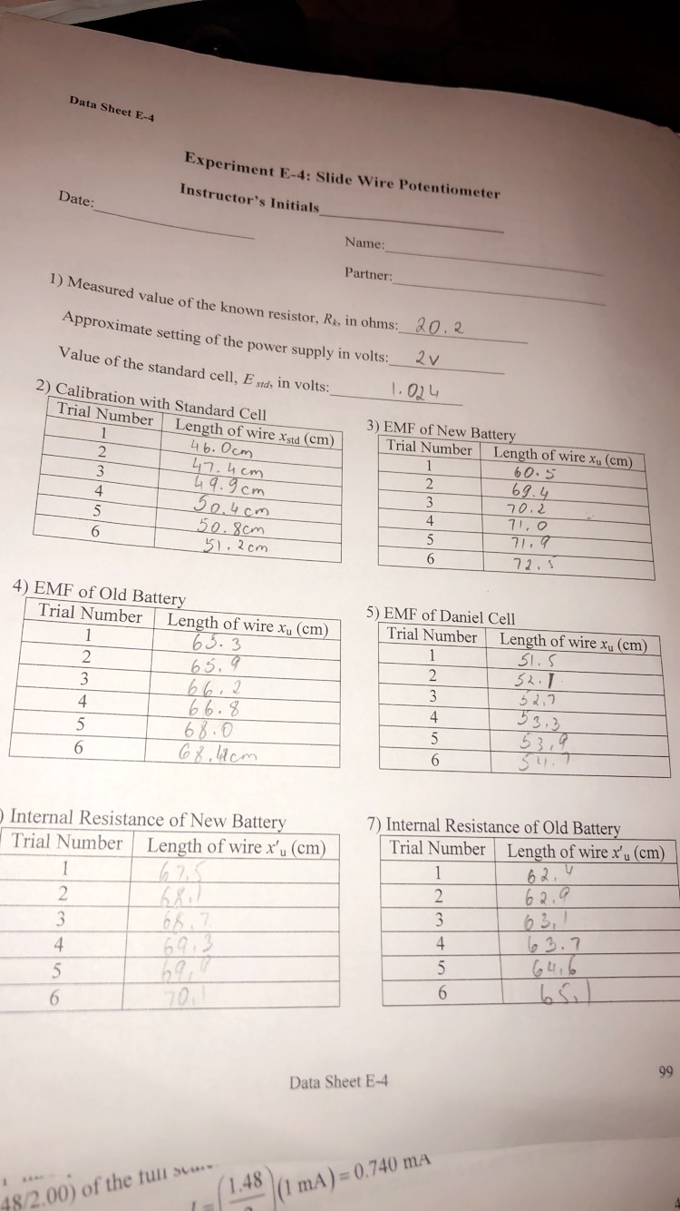 Data Sheet E-4 Experiment E-4: Slide Wire | Chegg.com