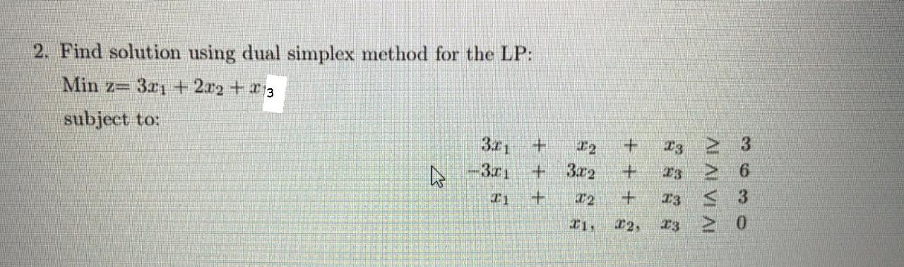 Solved 2. Find solution using dual simplex method for the | Chegg.com