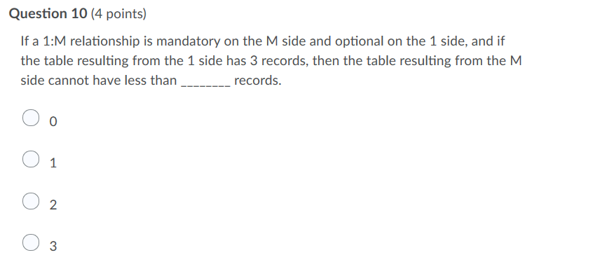 Solved Question 10 (4 points) If a 1:M relationship is | Chegg.com