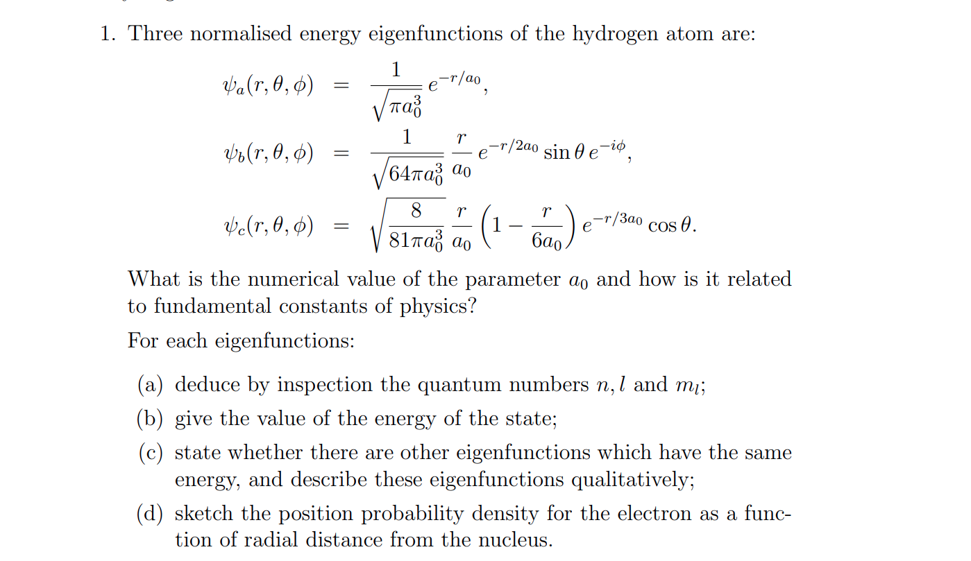 Solved 1. Three normalised energy eigenfunctions of the | Chegg.com