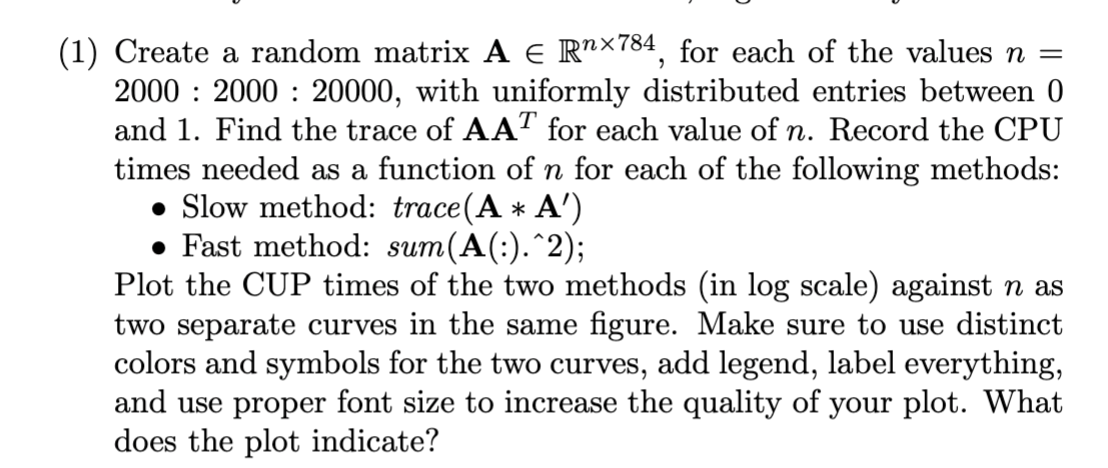 Solved (1) Create a random matrix A∈Rn×784, for each of the | Chegg.com