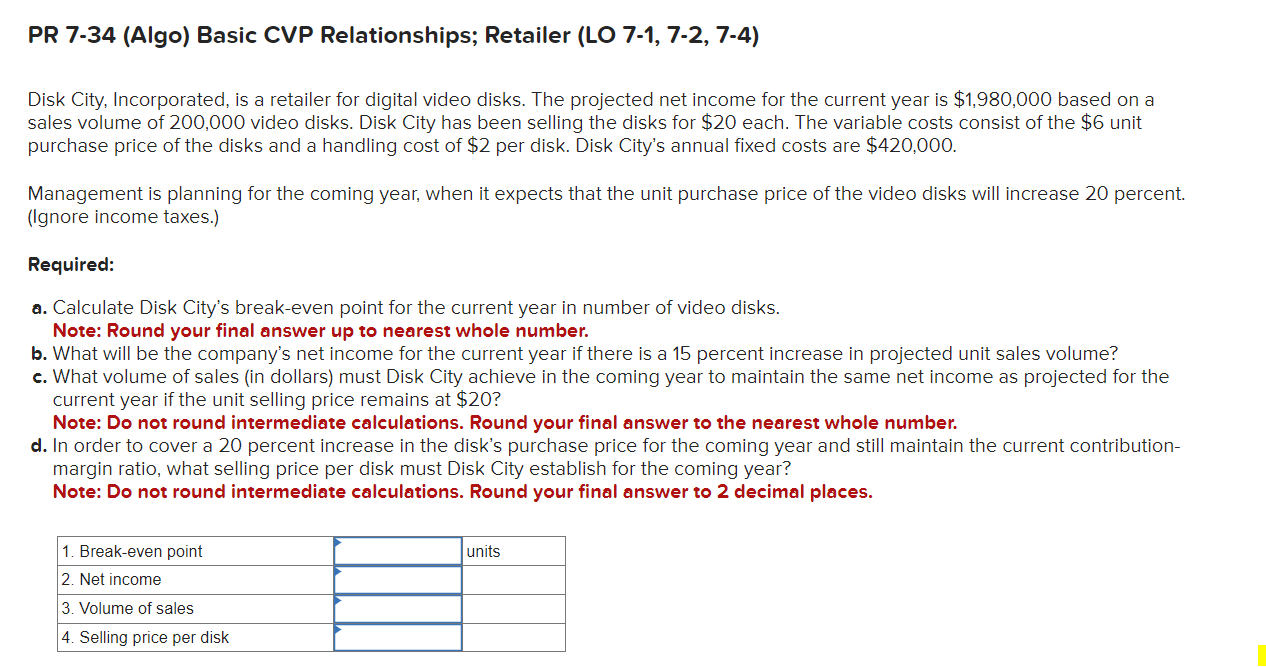 Solved PR 7-34 (Algo) Basic CVP Relationships; Retailer (LO | Chegg.com