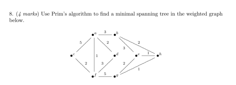Solved 8. (4 marks) Use Prim’s algorithm to find a minimal | Chegg.com