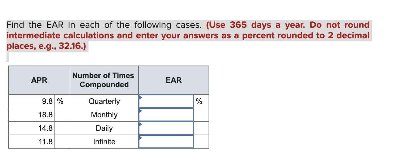 Solved Find the EAR in each of the following cases. (Use \\( | Chegg.com