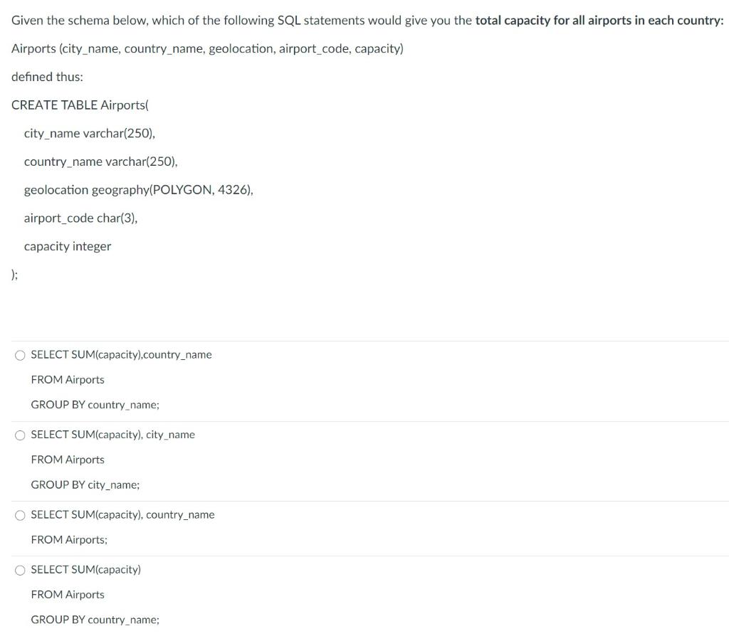 Solved Given the schema below, which of the following SQL | Chegg.com