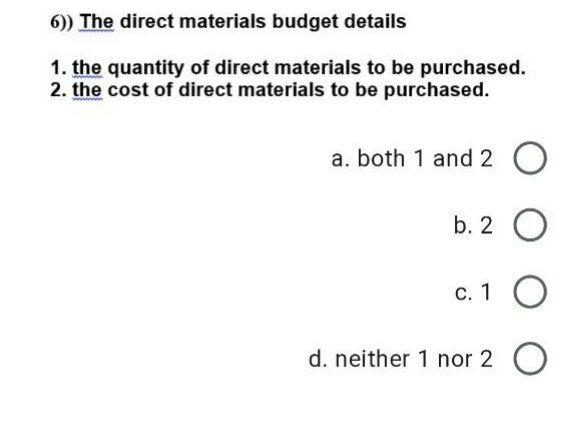 Solved 6)) The direct materials budget details 1. the | Chegg.com