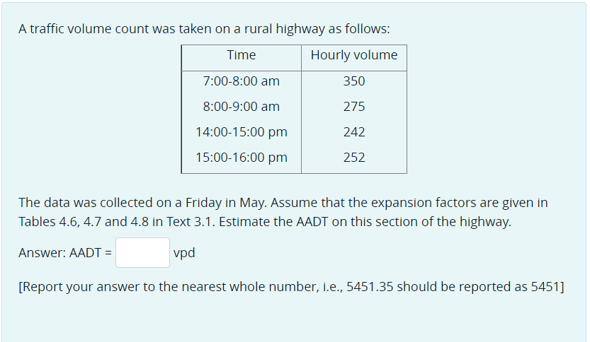 [Solved]: A traffic volume count was taken on a rural high